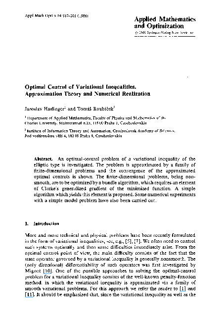 Pdf Optimal Control Of Variational Inequalities Approximation Theory And Numerical Realization 