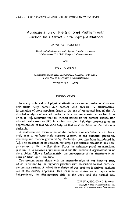 (PDF) Approximation of the Signorini problem with friction by a mixed finite element method