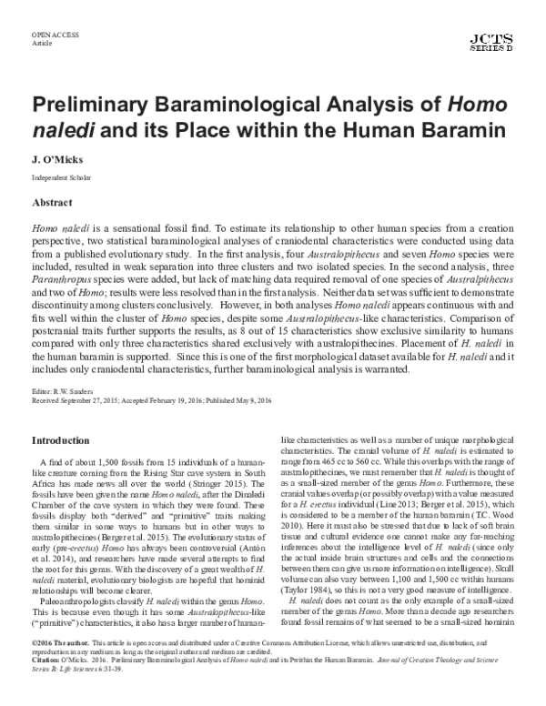 (PDF) Preliminary Baraminological Analysis of Homo naledi and its Place ...