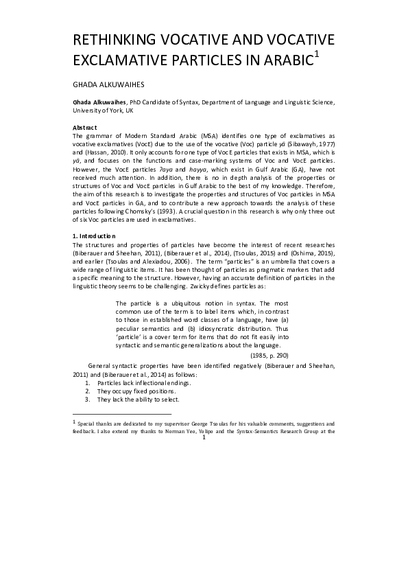 (PDF) Rethinking Vocative and Vocative Exclamative Particles in Arabic