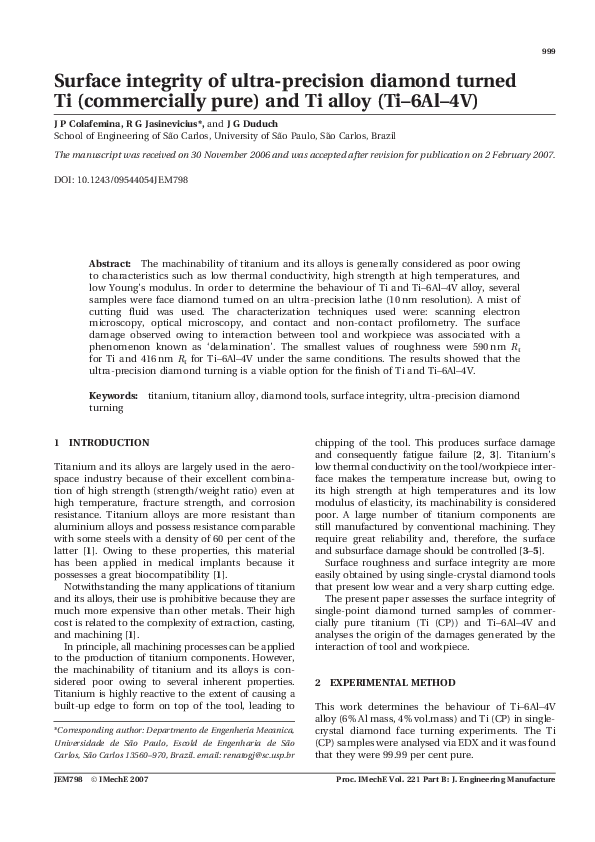 (PDF) Surface integrity of ultra-precision diamond turned Ti ...