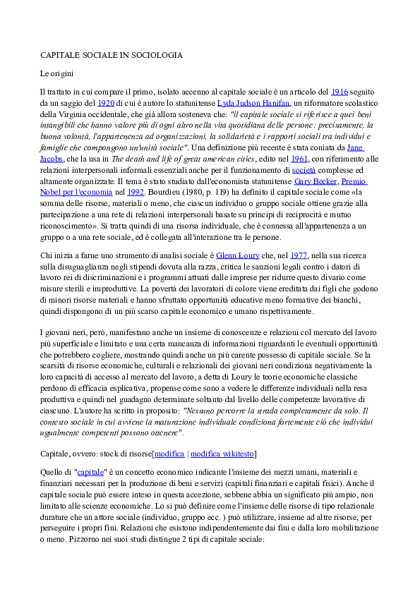 (DOC) CAPITALE SOCIALE IN SOCIOLOGIA Le origini