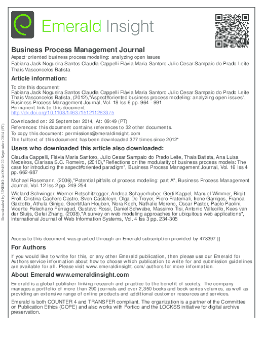 Pdf Aspect Oriented Business Process Modeling Analyzing Open Issues