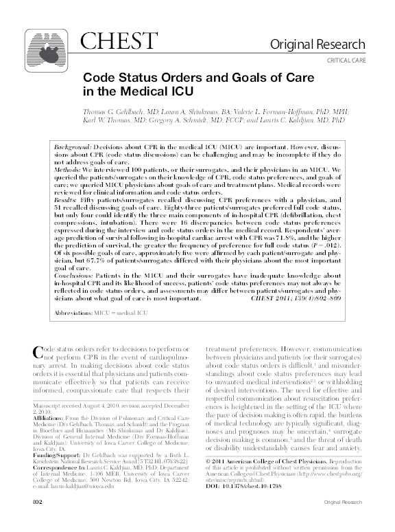 (PDF) Code Status Orders and Goals of Care in the Medical ICU