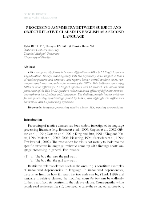 Pdf Processing Asymmetry Between Subject And Object Relative Clauses In English As A Second
