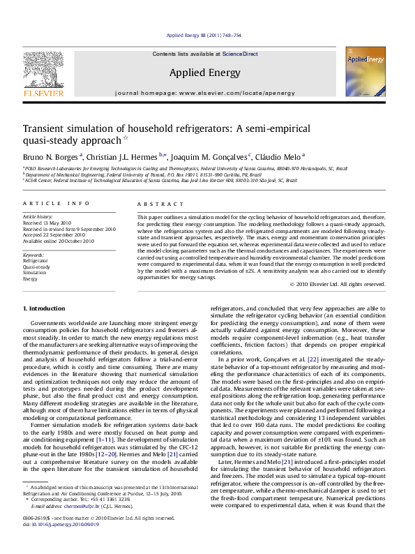(PDF) Transient simulation of household refrigerators: A semi-empirical quasi-steady approach q