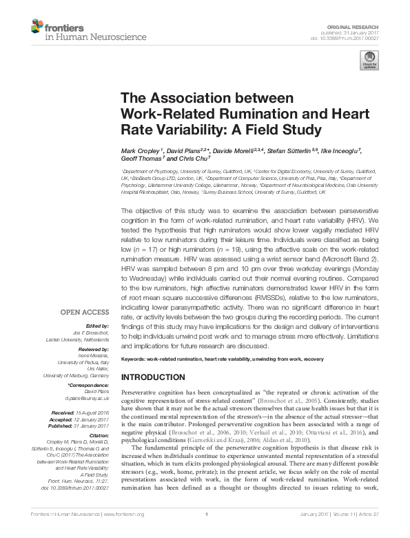 (PDF) The association between work-related rumination and HRV - A field ...