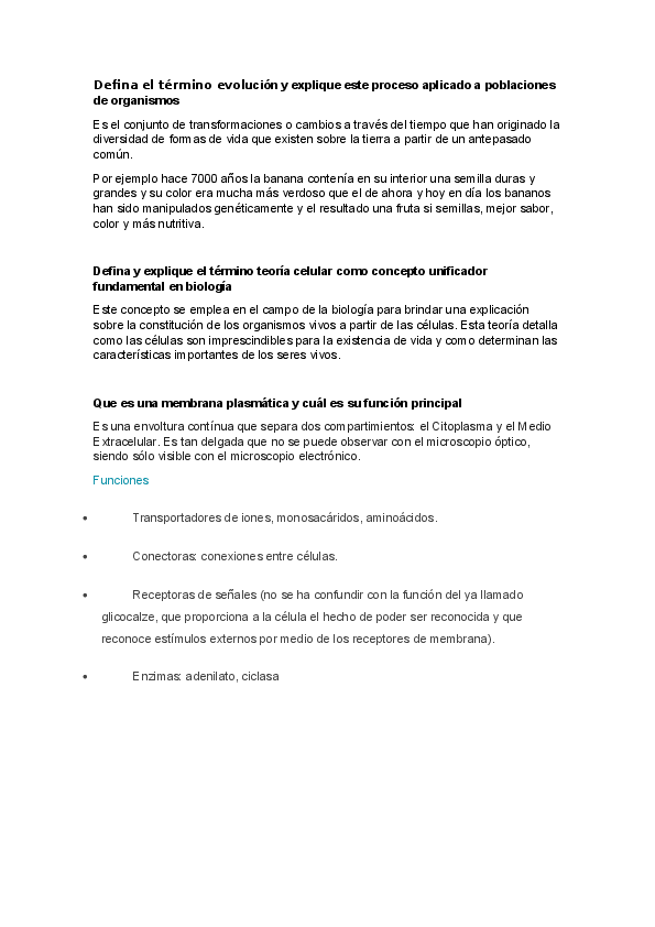 (DOC) Defina el término evolución y explique este proceso aplicado a poblaciones de organismos