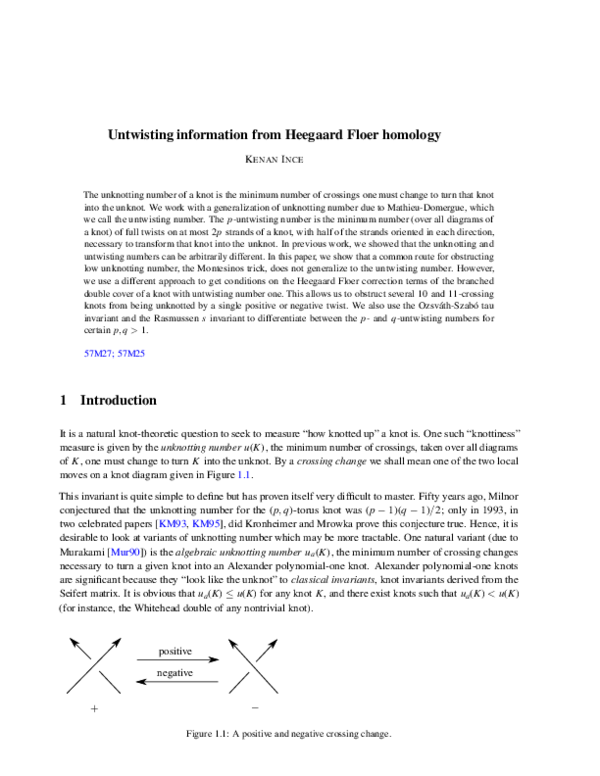 (PDF) Untwisting information from Heegaard Floer homology | Kenan Ince ...