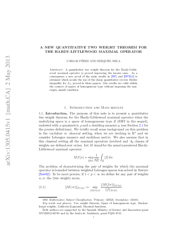(PDF) A new quantitative two weight theorem for the Hardy-Littlewood maximal operator