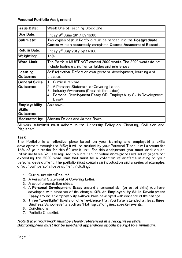 (DOC) Personal Portfolio Assignment Issue Date: Week One of Teaching ...