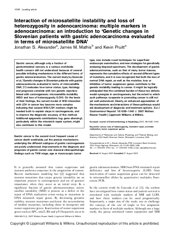 (PDF) Interaction of microsatellite instability and loss of heterozygosity in adenocarcinoma ...