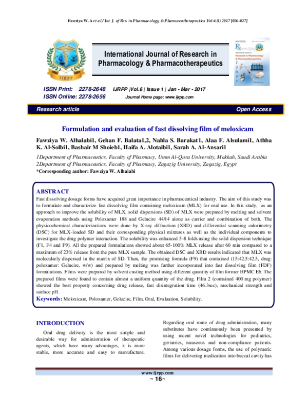 Pdf Formulation And Evaluation Of Fast Dissolving Film Of Meloxicam