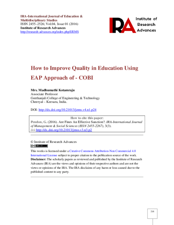 (PDF) How to Improve Quality in Education Using EAP Approach of -COBI IRA-International Journal ...