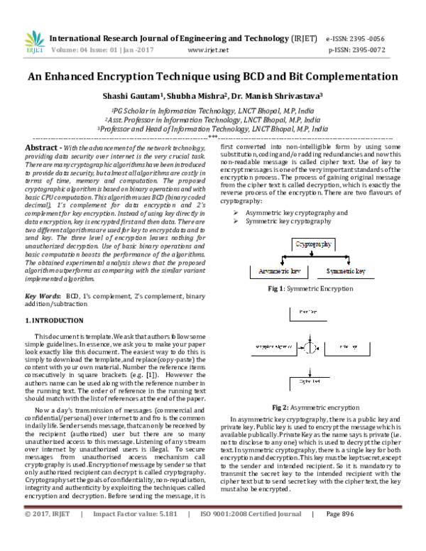 Pdf Irjet An Enhanced Encryption Technique Using Bcd And Bit Complementation Irjet Journal