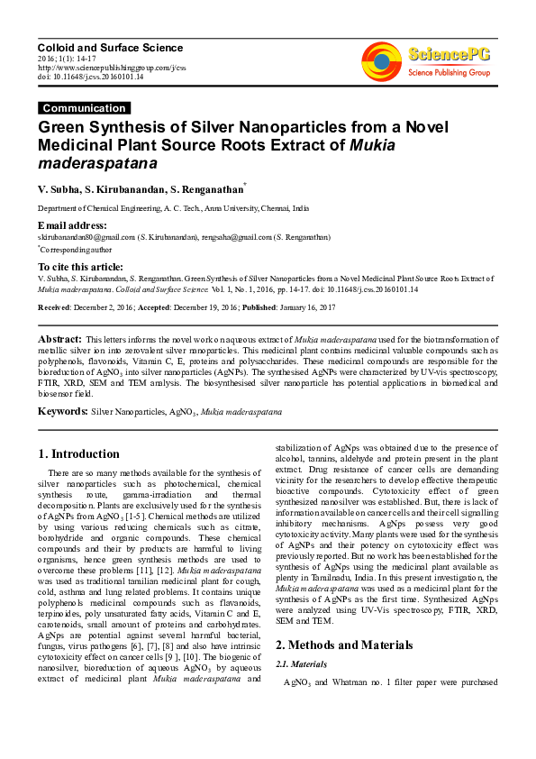 (PDF) Colloid and Surface Science Green Synthesis of Silver Nanoparticles from a Novel Medicinal ...