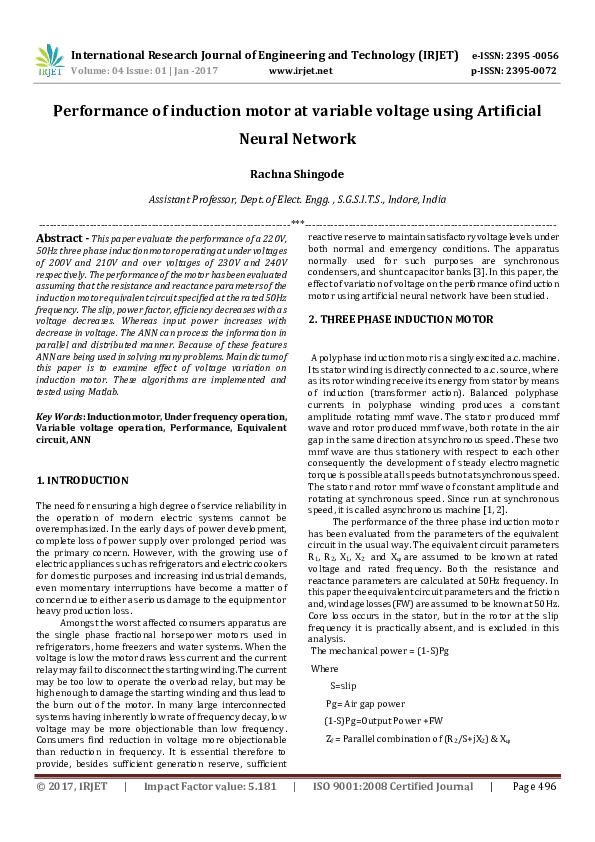 Pdf Irjet Performance Of Induction Motor At Variable Voltage Using Artificial Neural Network