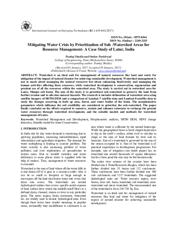(PDF) Mitigating Water Crisis by Prioritization of Sub -Watershed Areas ...