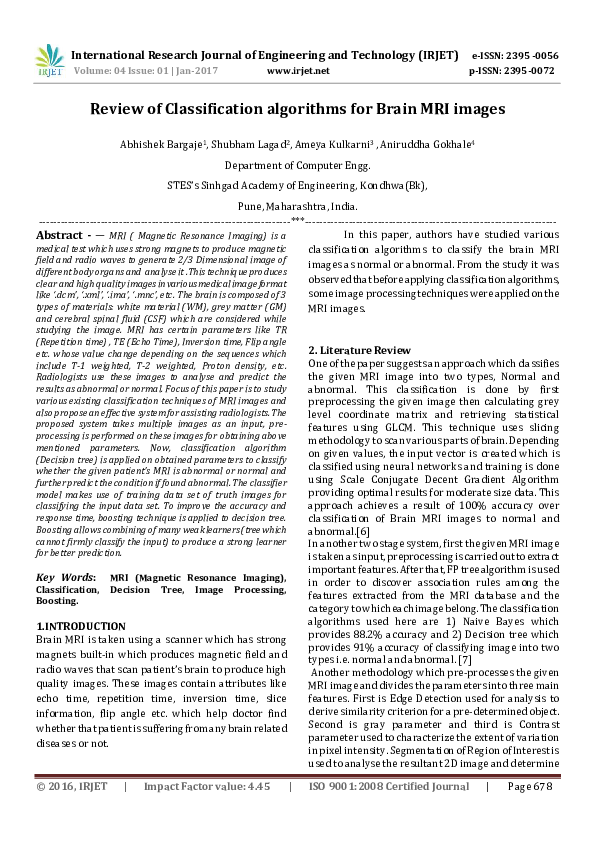 Pdf Irjet Review Of Classification Algorithms For Brain Mri Images