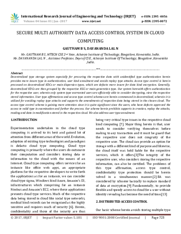 (PDF) IRJET-SECURE MULTI AUTHORITY DATA ACCESS CONTROL SYSTEM IN CLOUD COMPUTING