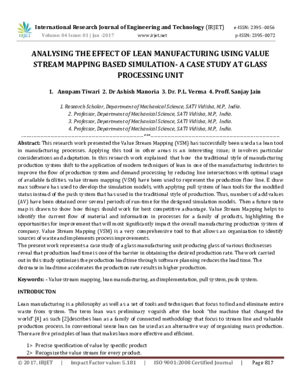 (PDF) IRJET-ANALYSING THE EFFECT OF LEAN MANUFACTURING USING VALUE ...