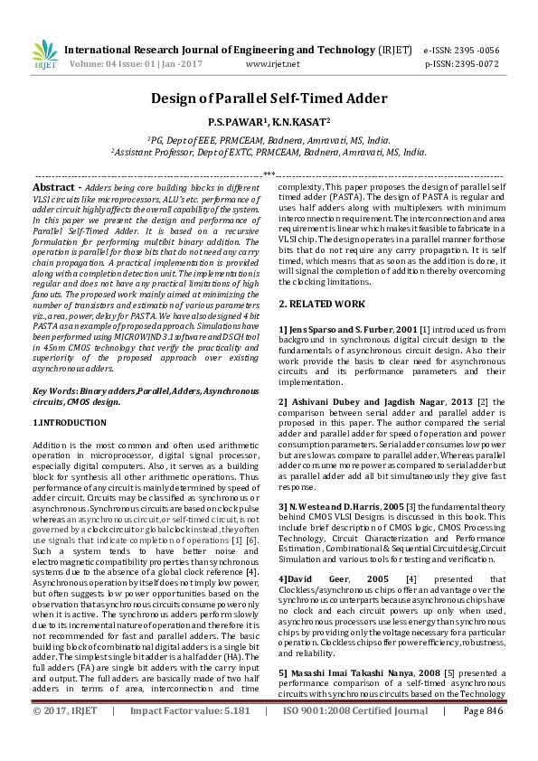 Pdf Irjet Design Of Parallel Self Timed Adder