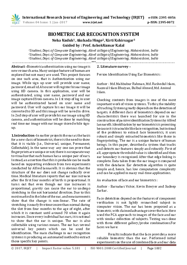 (PDF) IRJET-BIOMETRIC EAR RECOGNITION SYSTEM