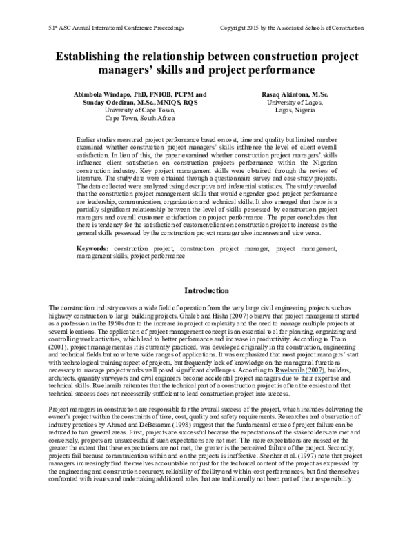(PDF) Establishing the relationship between construction project managers’ skills and project ...