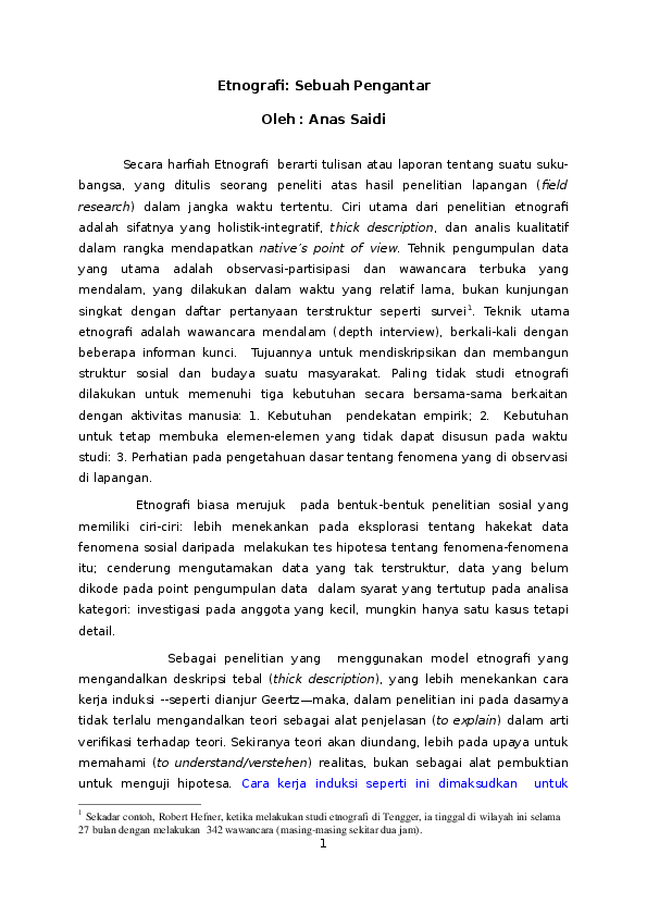 (DOC) Etnografi: Sebuah Pengantar Oleh : Anas Saidi