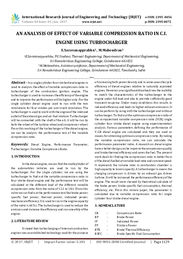(PDF) IRJET-AN ANALYSIS OF EFFECT OF VARIABLE COMPRESSION RATIO IN C.I. ENGINE USING TURBOCHARGER