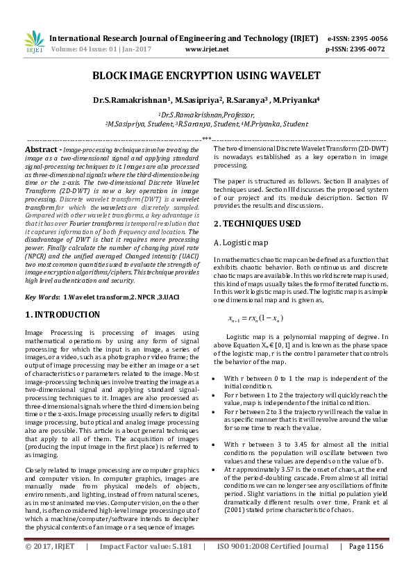 (PDF) IRJET-BLOCK IMAGE ENCRYPTION USING WAVELET