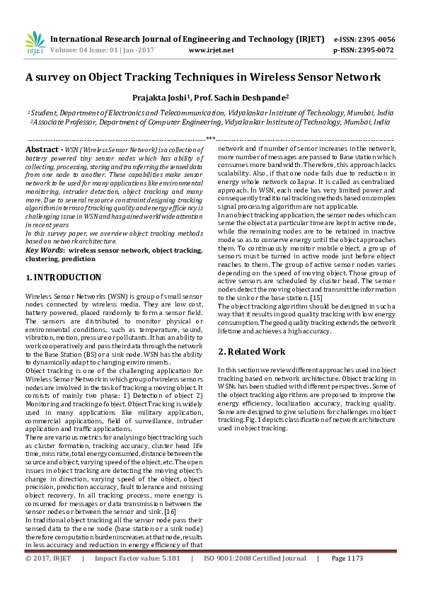 (PDF) IRJET-A survey on Object Tracking Techniques in Wireless Sensor Network