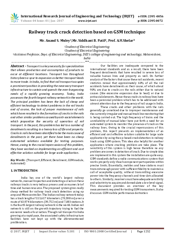 Pdf Irjet Railway Track Crack Detection Based On Gsm Technique