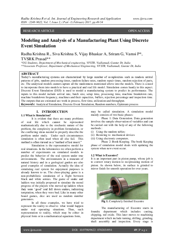 (PDF) Modeling and Analysis of a Manufacturing Plant Using Discrete Event Simulation