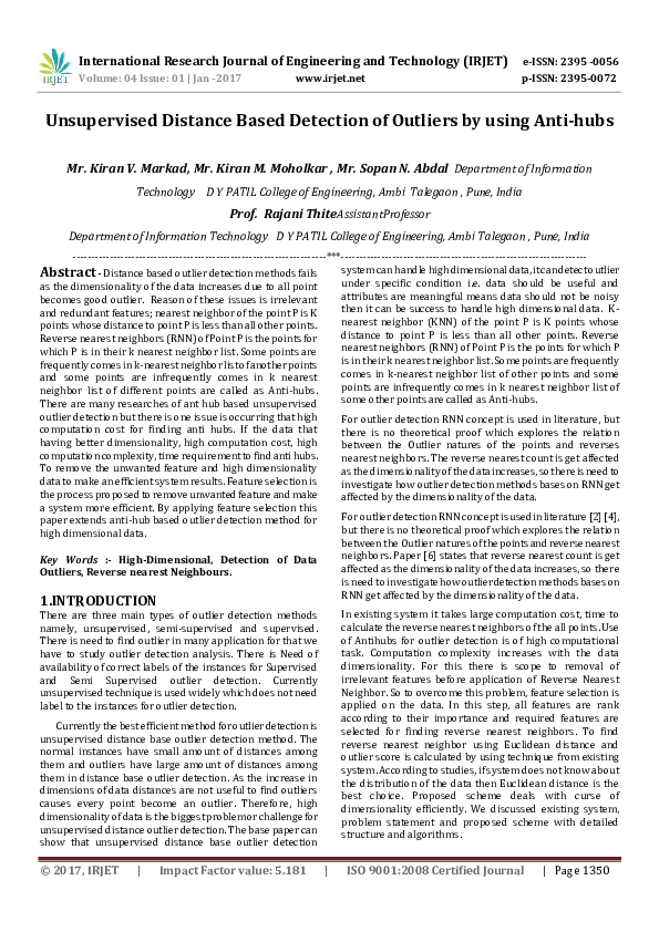 Pdf Irjet Unsupervised Distance Based Detection Of Outliers By Using Anti Hubs