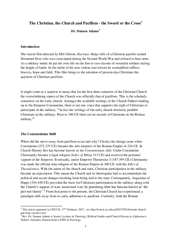 (PDF) The Christian, the Church and Pacifism - the Sword or the Cross