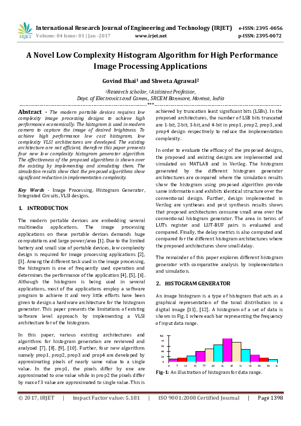 Pdf Irjet A Novel Low Complexity Histogram Algorithm For High Performance Image Processing