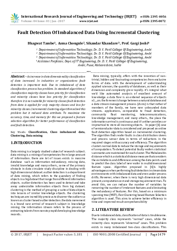 Pdf Irjet Fault Detection Of Imbalanced Data Using Incremental Clustering Irjet Journal