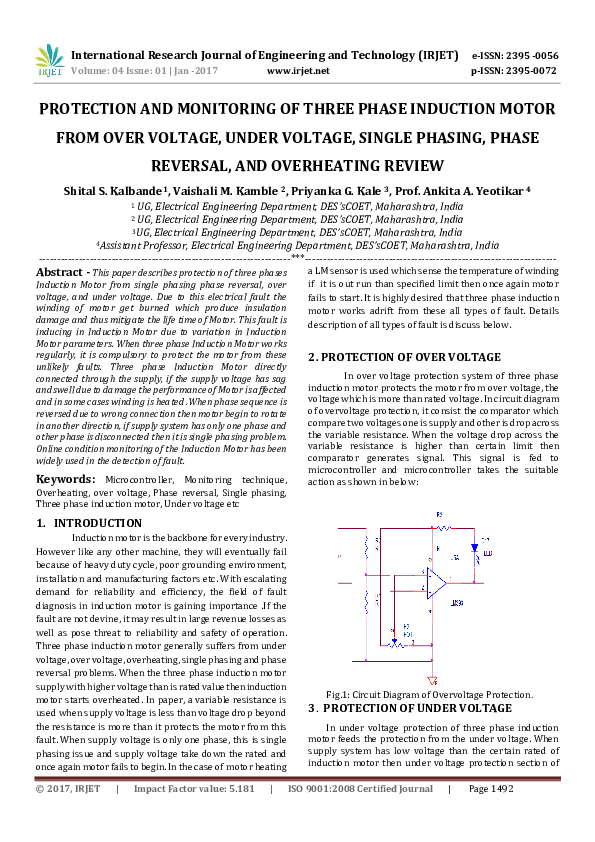 Pdf Irjet Protection And Monitoring Of Three Phase Induction Motor From Over Voltage Under