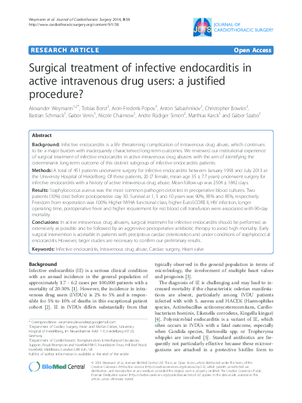 (PDF) Surgical treatment of infective endocarditis in active intravenous drug users: a justified ...