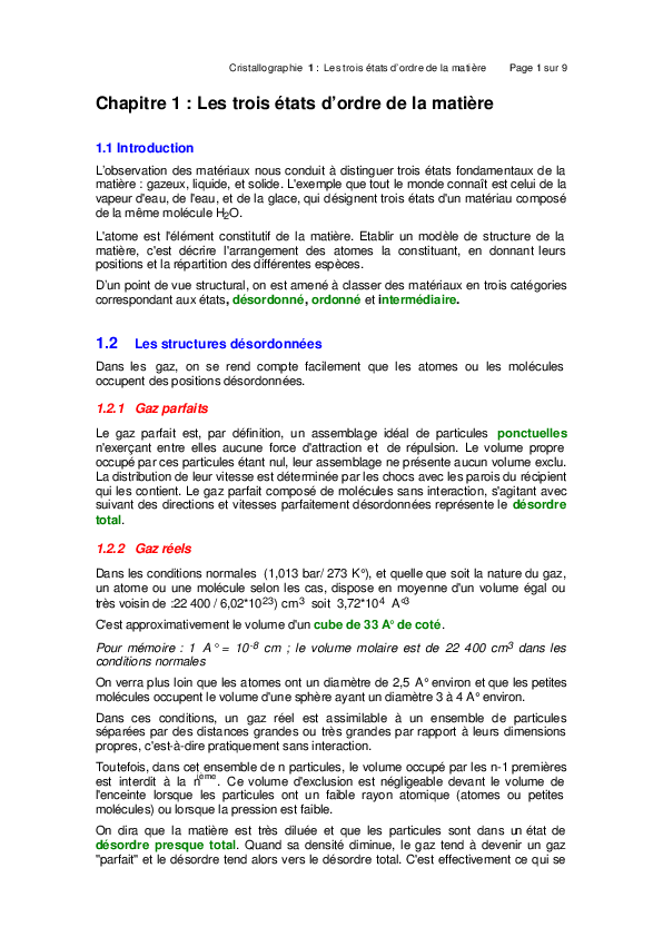 (PDF) Chapitre 1 : Les trois états d'ordre de la matière