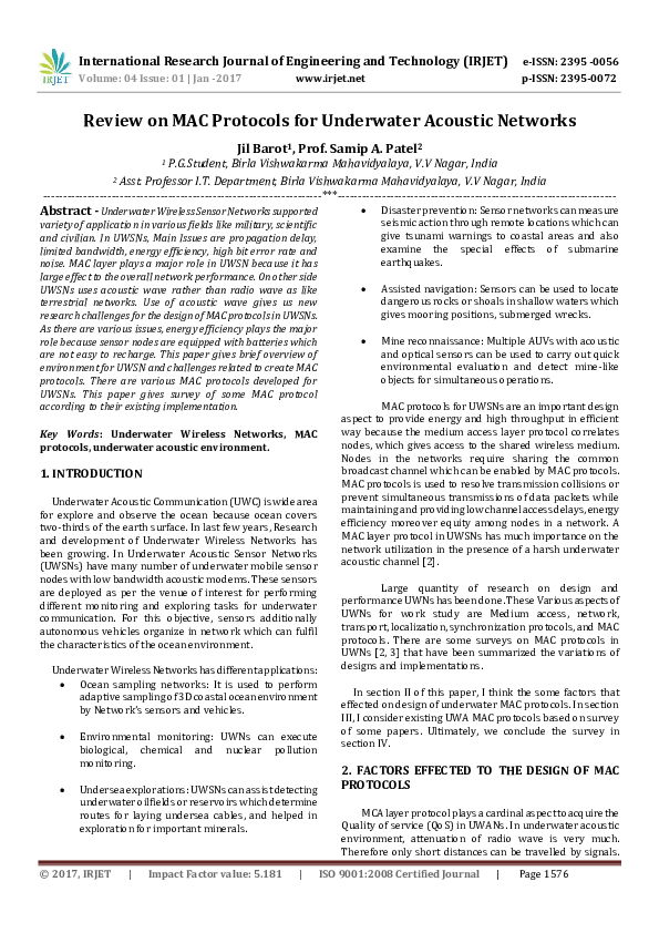 Pdf Irjet Review On Mac Protocols For Underwater Acoustic Networks