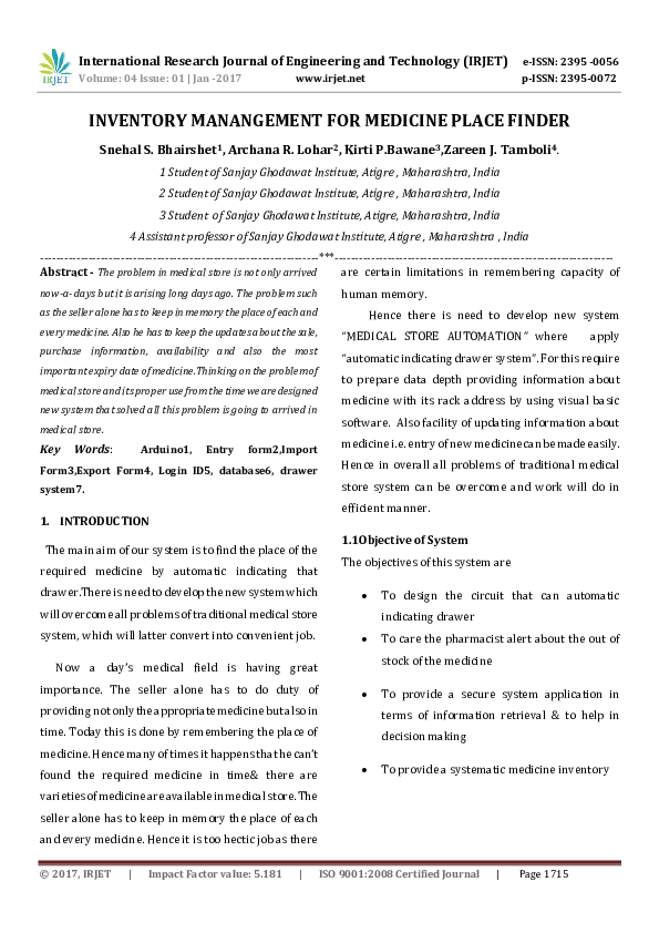 (PDF) IRJET-INVENTORY MANANGEMENT FOR MEDICINE PLACE FINDER