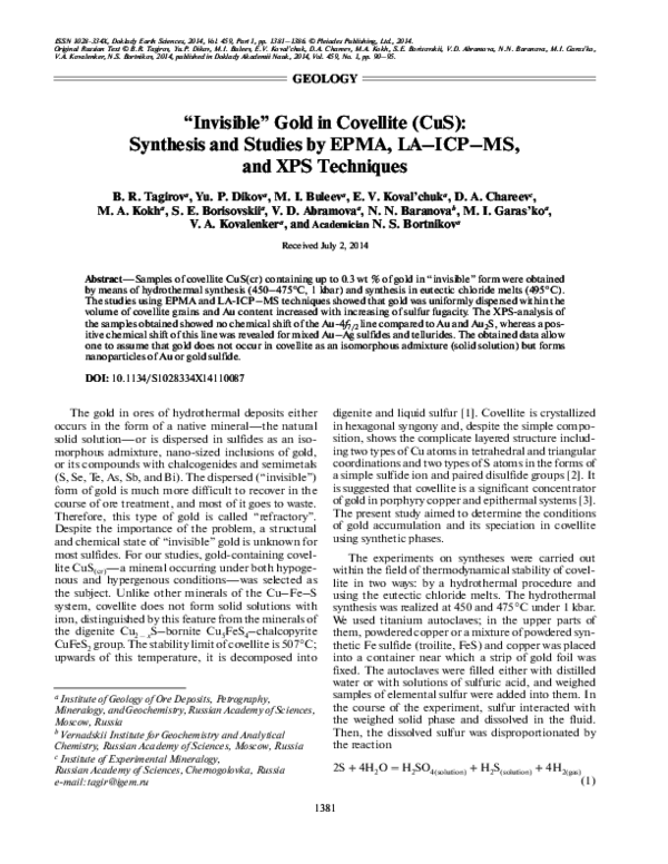 (PDF) “Invisible” gold in covellite (CuS): Synthesis and studies by ...