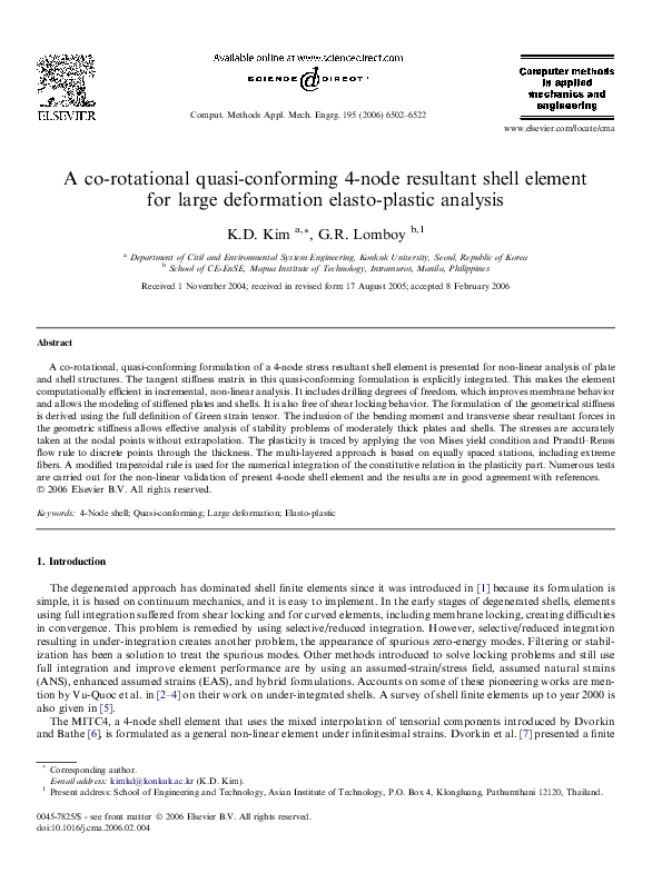 (PDF) Implementation and stability analysis of the QMITC-TLH elasto-plastic finite strain (2D ...