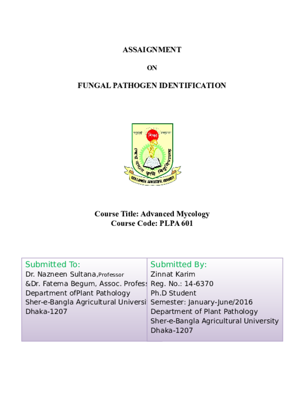 (DOC) ASSAIGNMENT ON FUNGAL PATHOGEN IDENTIFICATION Course Title ...
