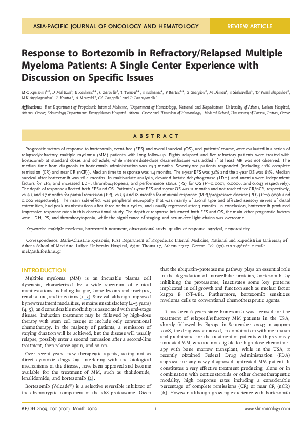 (PDF) Response to bortezomib in refractory/relapsed multiple myeloma patients: a single center ...