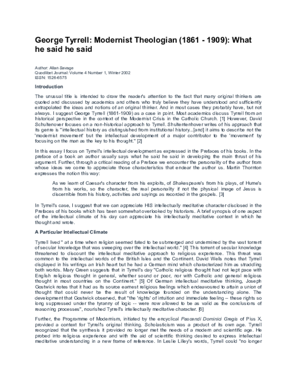(DOC) GEORGE TYRRELL: MODERNIST THEOLOGIAN (1861-1909), What he said he ...