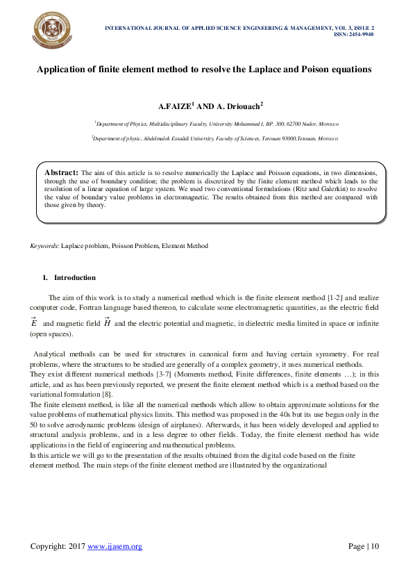 (PDF) Application of finite element method to resolve the Laplace and Poison equations