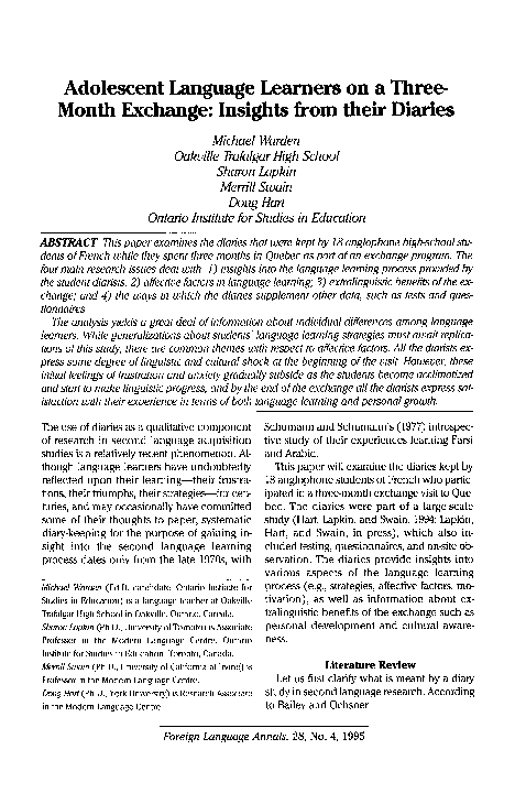 (PDF) Adolescent Language Learners on a Three-Month Exchange: Insights ...
